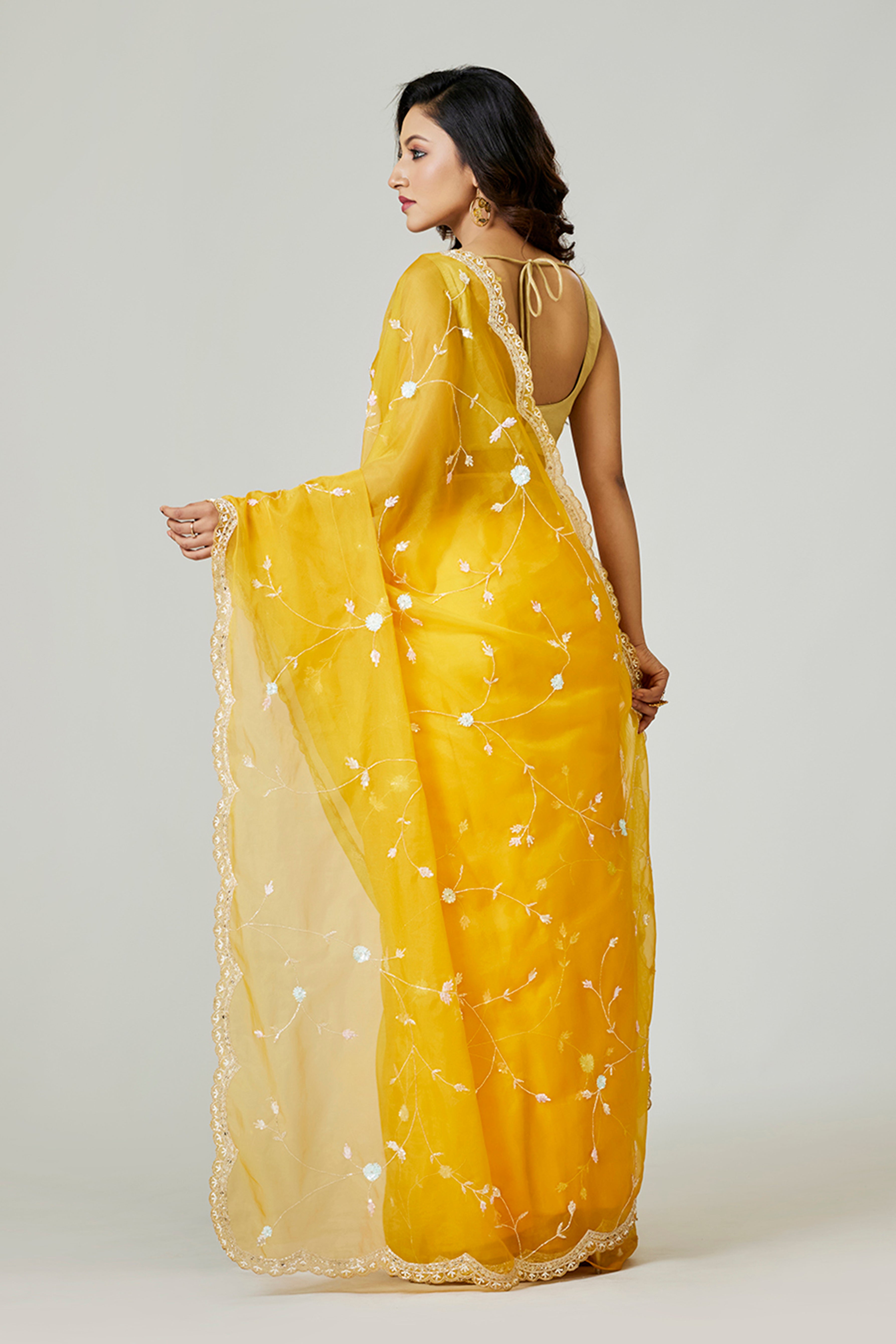 Yellow Organza Saree – Aparnaa Sarees
