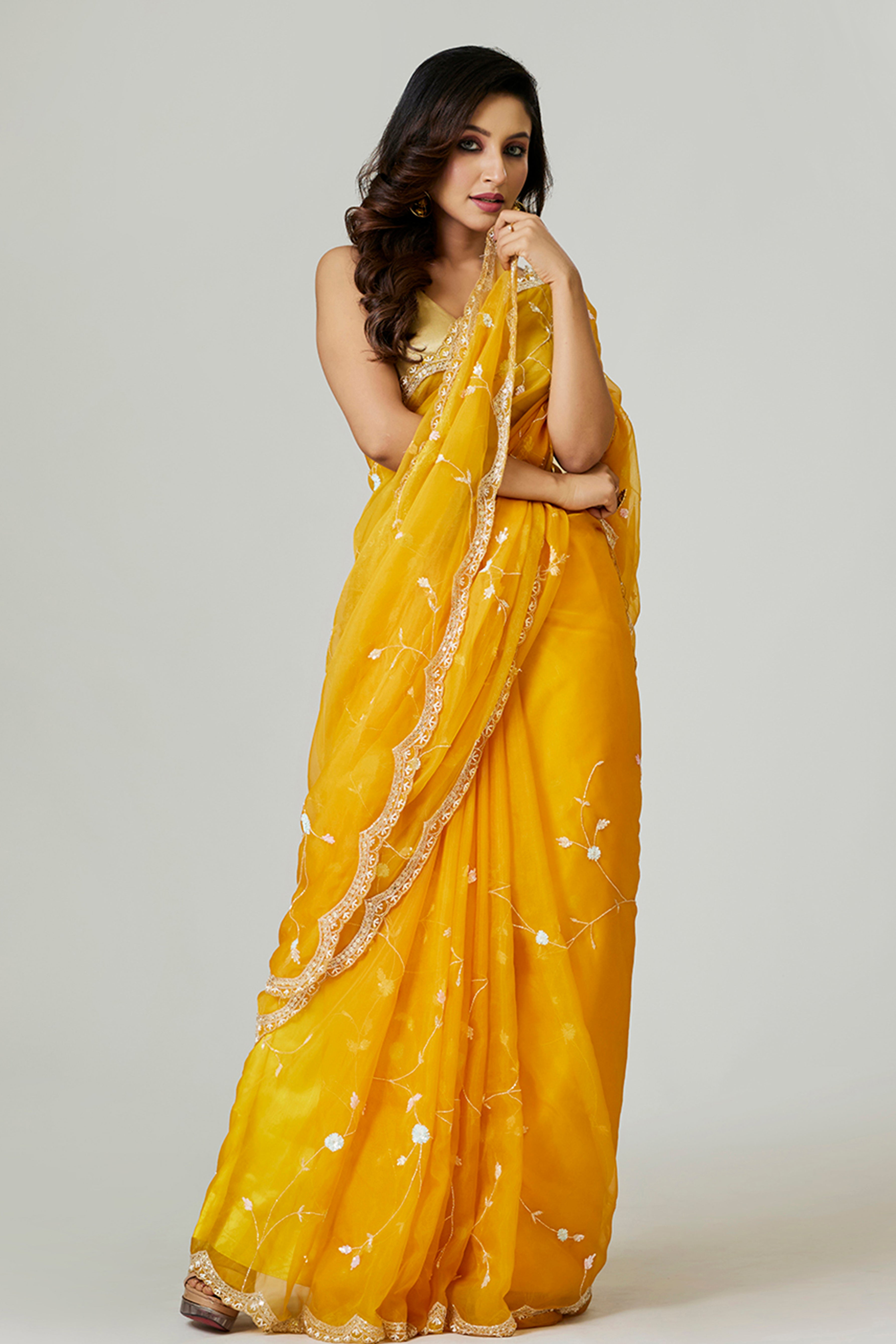 Yellow Organza Saree – Aparnaa Sarees
