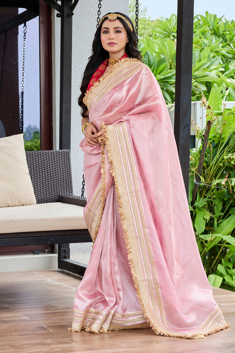 Pink Tissue Saree With Beautiful Lace – Aparnaa Sarees