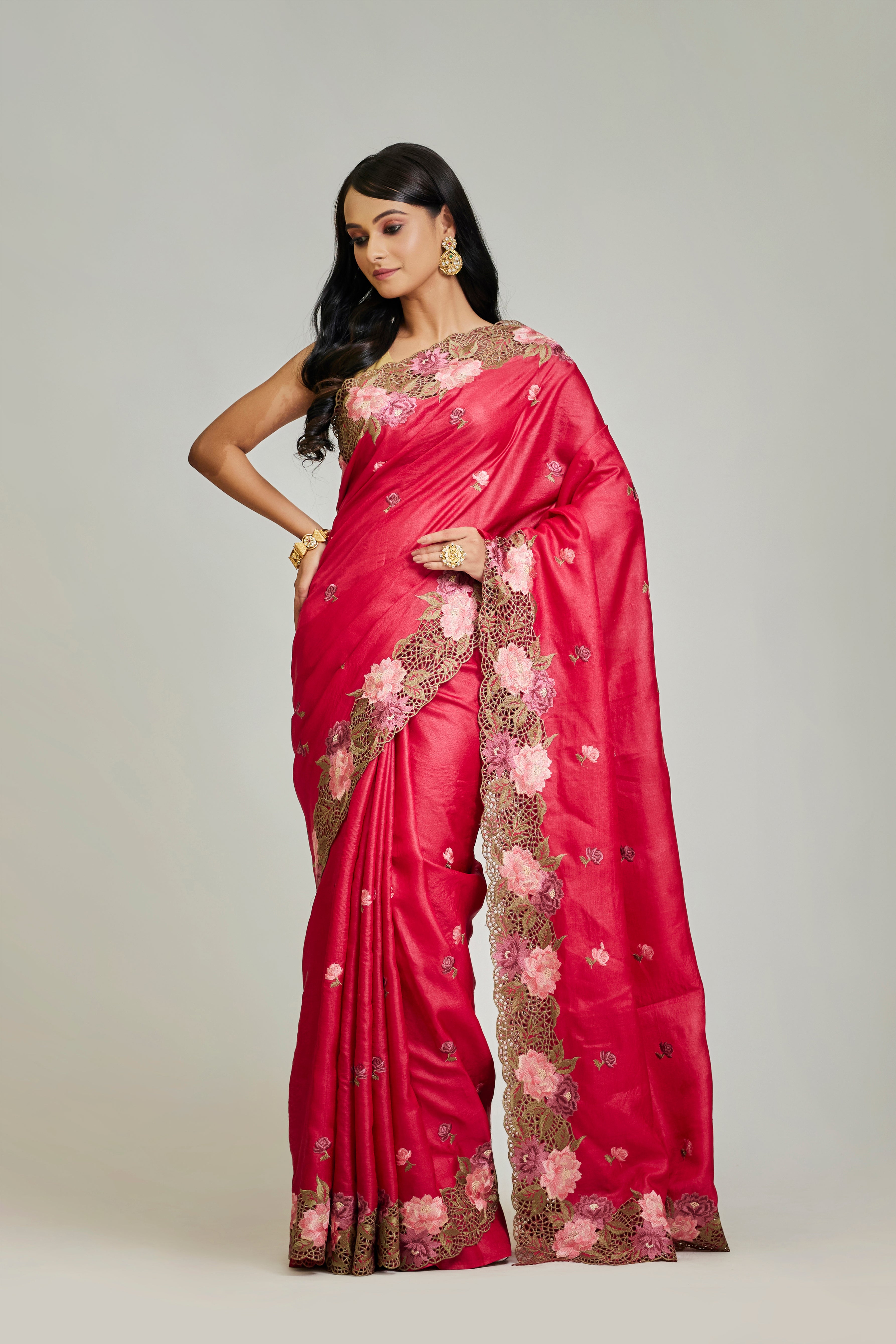 Red Cutwork Saree – Aparnaa Sarees