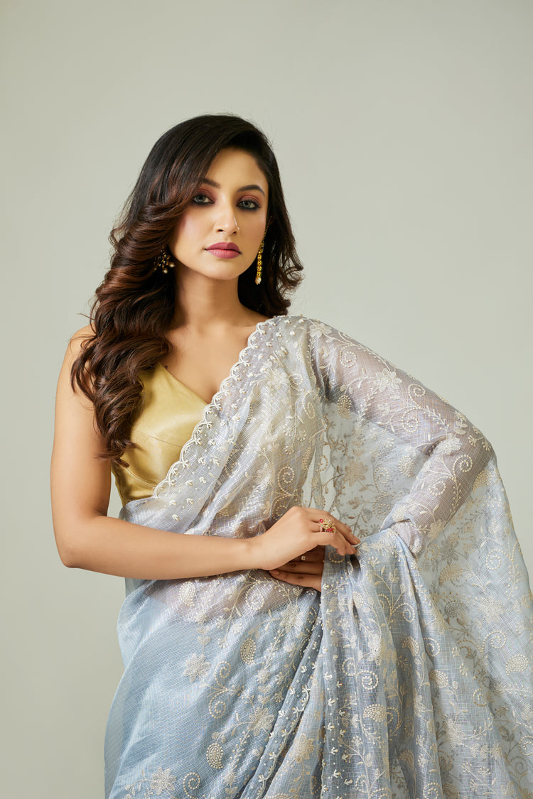 Powder Blue Kota Silk Saree – Aparnaa Sarees